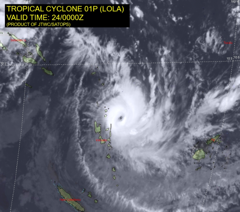 Tropical Cyclone Lola over South Pacific has reached max winds of 120 ...